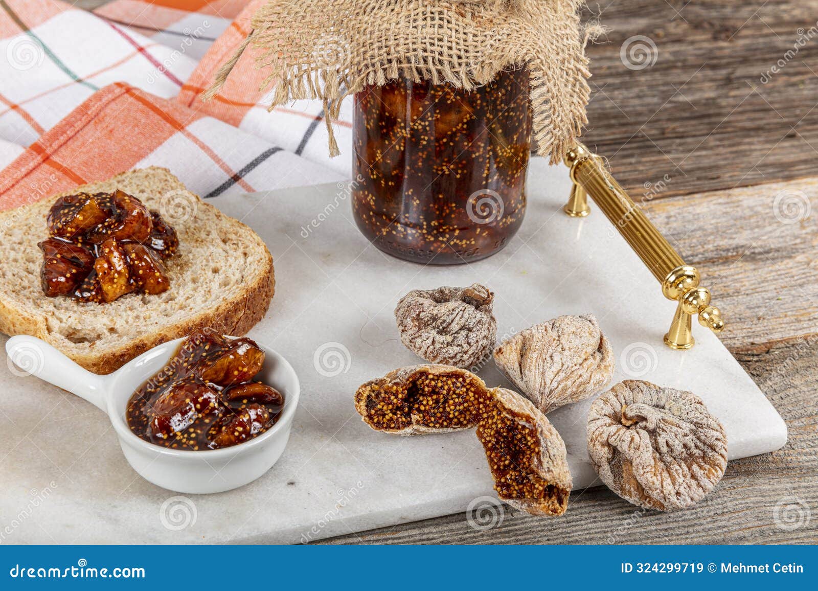 Flat Composition with Delicious Fig Jam on Wooden Table. Delicious Fig ...