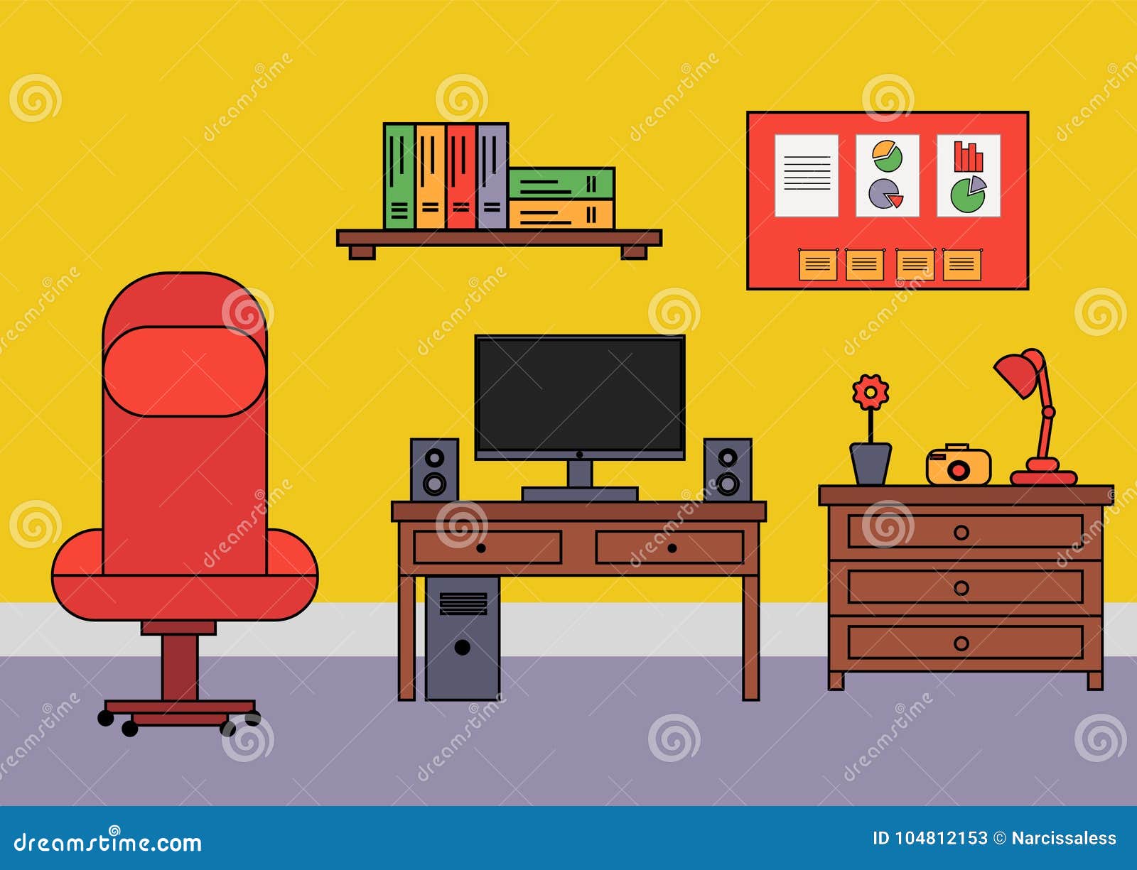 Flat Computer Set with Bookshelf, Stock Vector - Illustration of ...