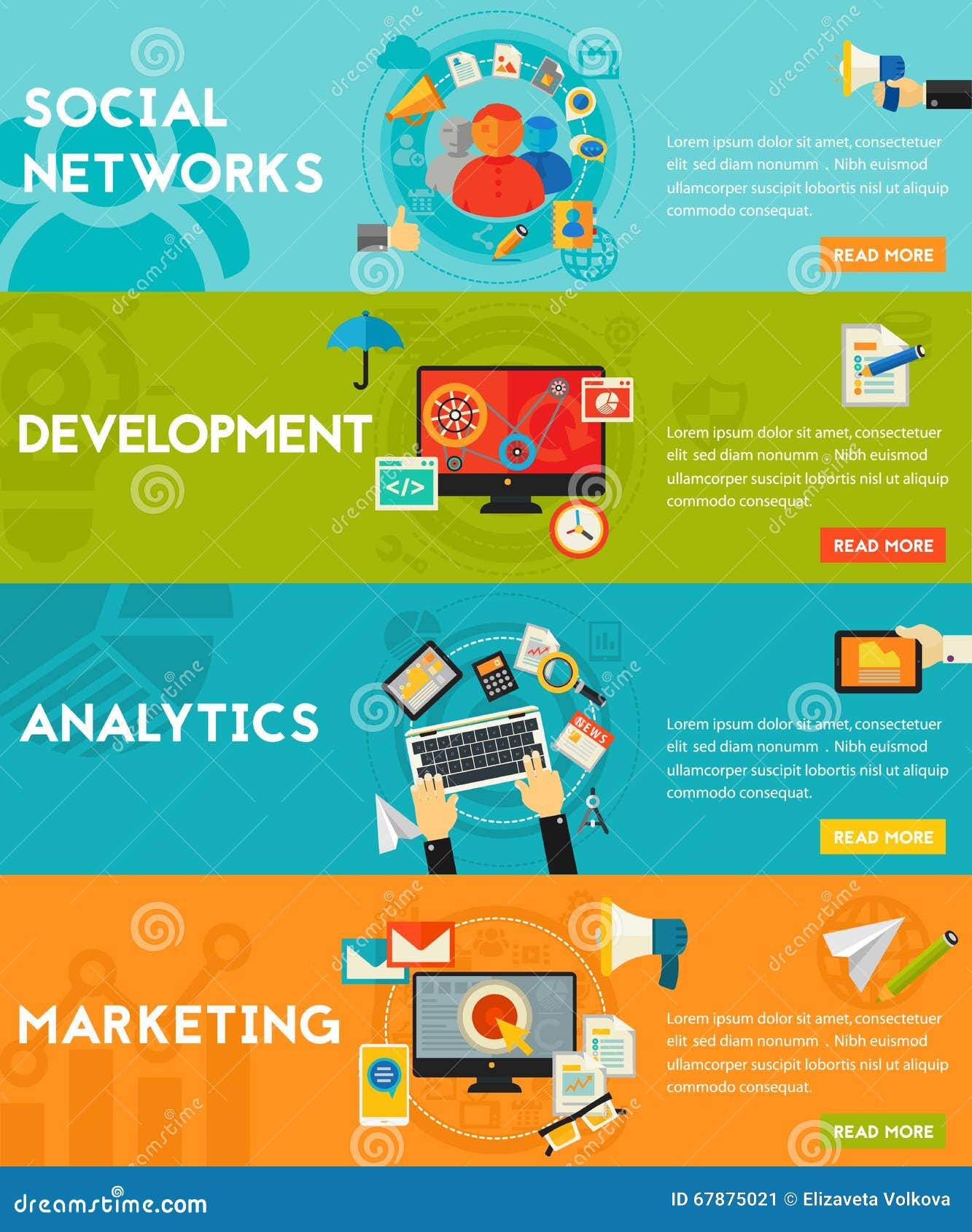 Flat Concept Banners. Social Marketing, Development, Analytics, SEO ...