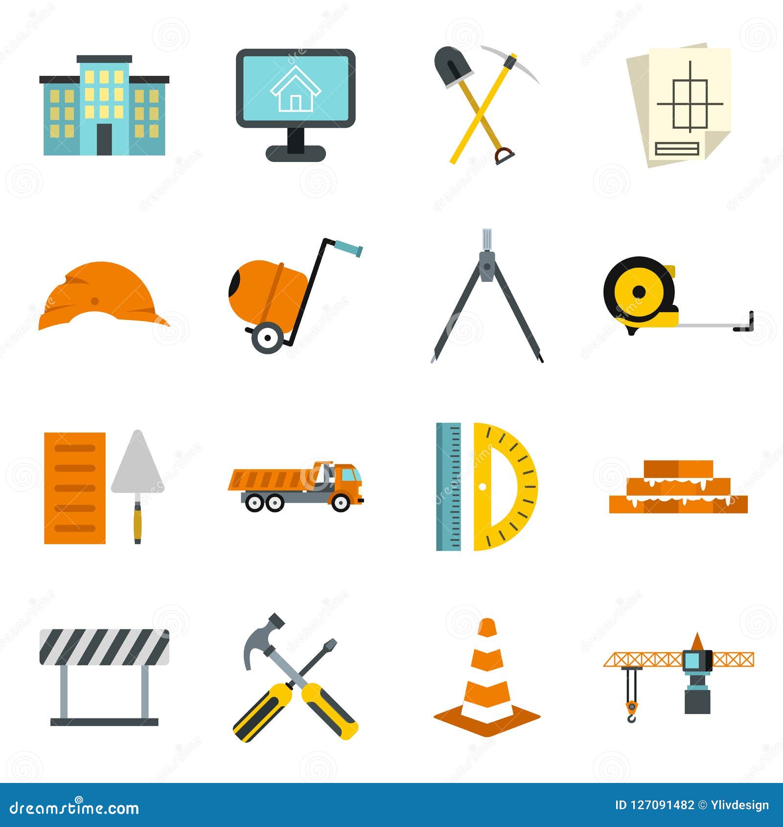 Construction Icons Set, Flat Style Stock Illustration - Illustration of ...