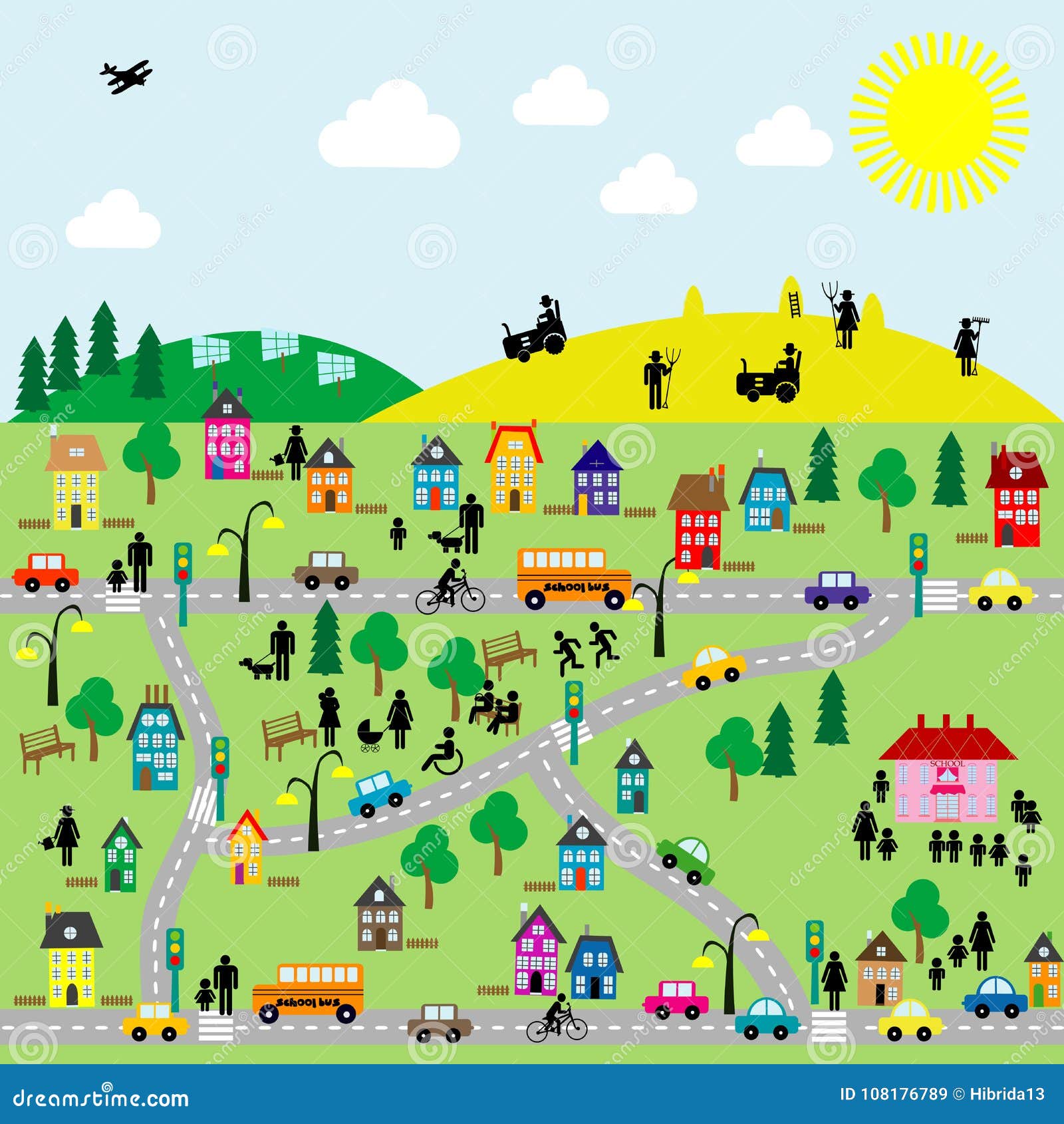 Flat Countryside Landscape With Farm House, Road, Tractor, Field And ...