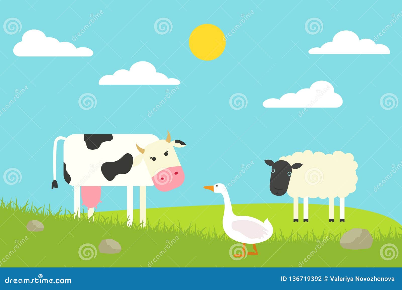 Flat Cow, Goose and Sheep Standing on Field. Vector Illustration Stock ...