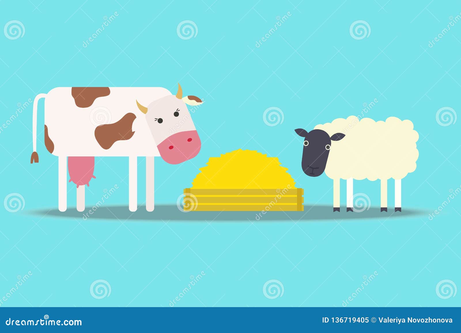 Flat Cow and Sheep Standing on Field. Vector Illustration Stock ...