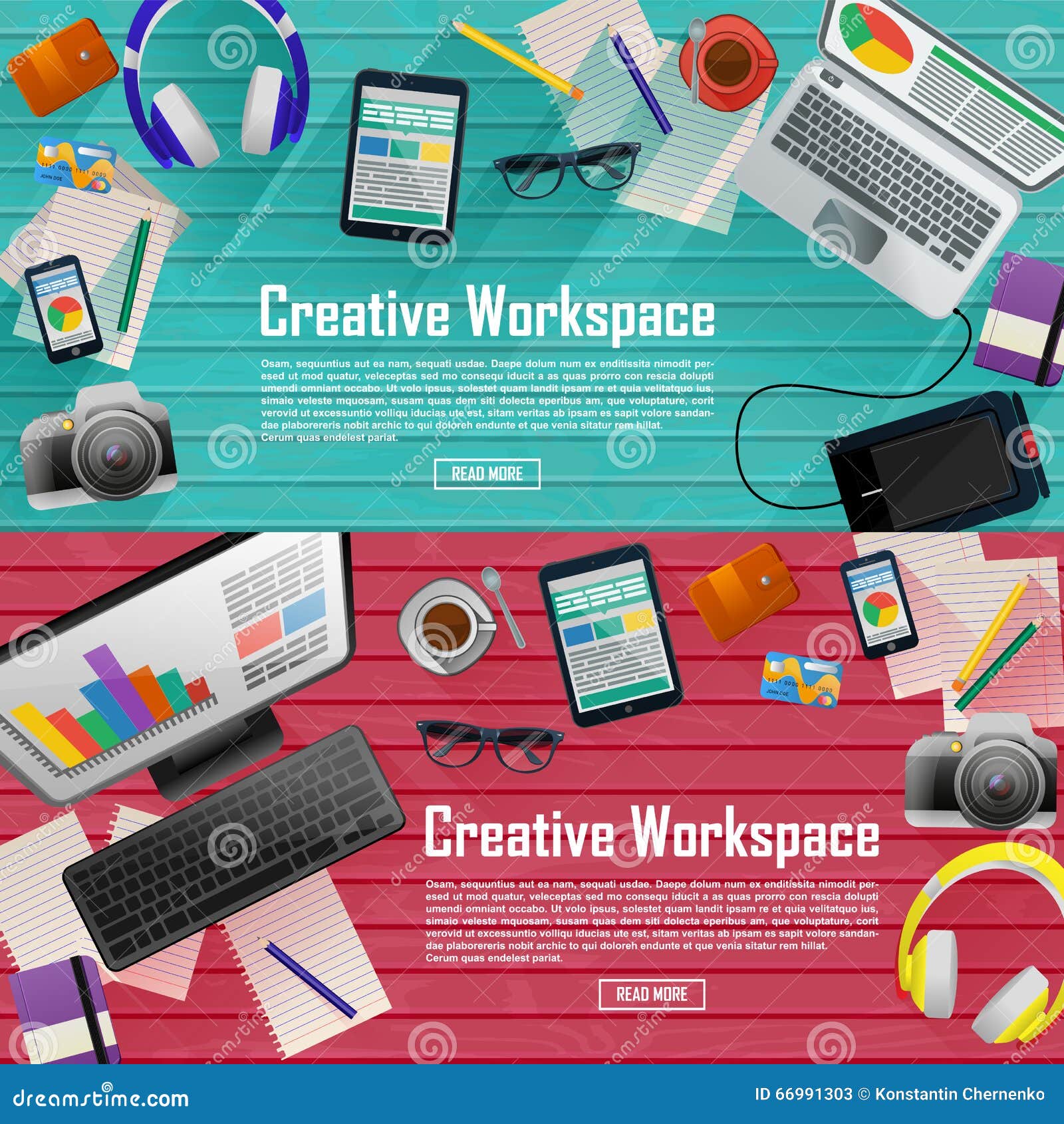 Flat Creative Workspace Banners. Stock Vector - Illustration of ...