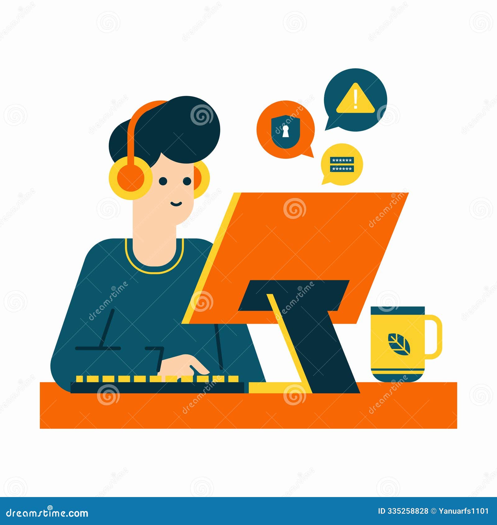 Flat Cybersecurity Background Illustration With Man Behind The Desk ...