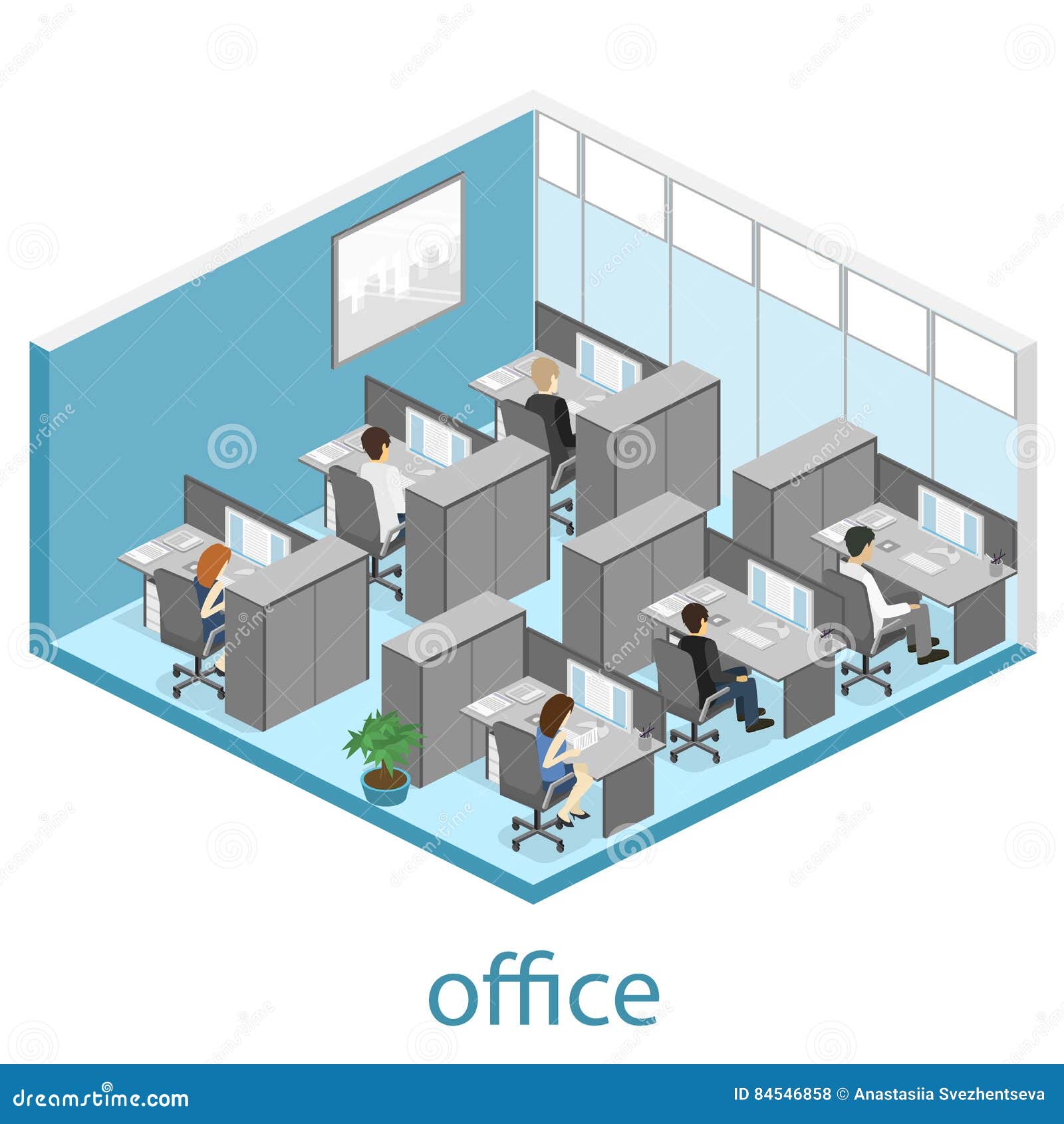 Flat 3d Isometric Abstract Office Floor Interior Departments Concept ...