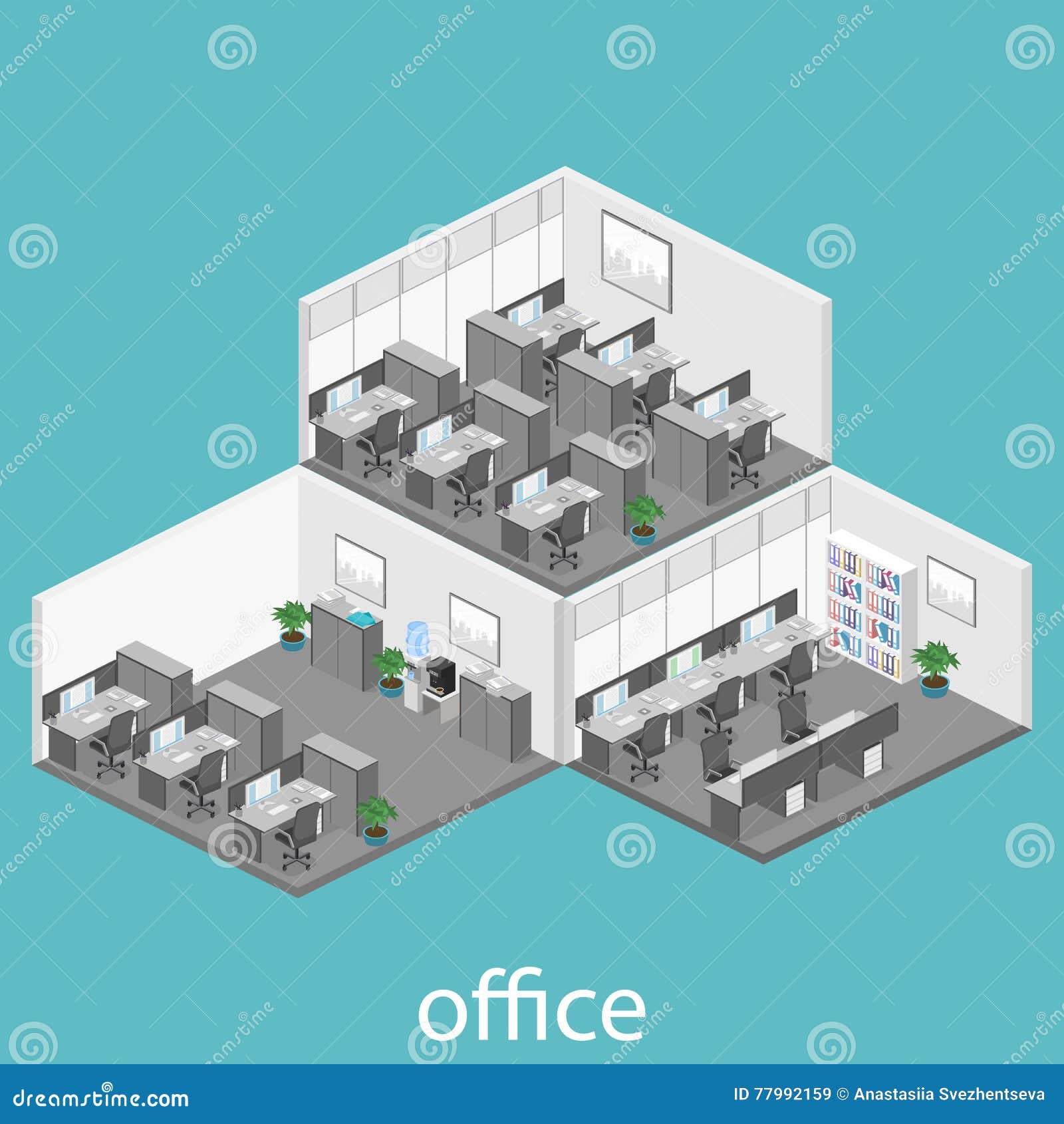 Flat 3d Isometric Abstract Office Floor Interior Departments Concept ...
