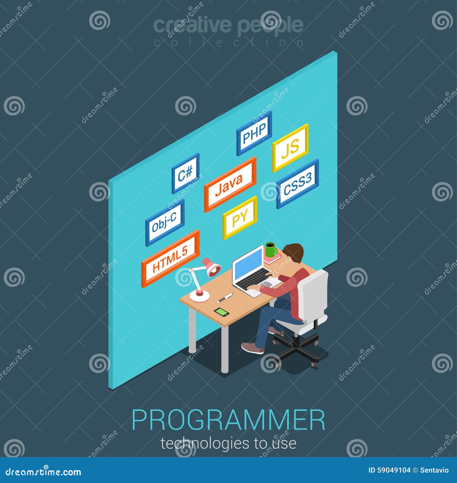 Flat 3d Isometric App Developer Workplace Stock Vector - Illustration of java, concept: 59049104