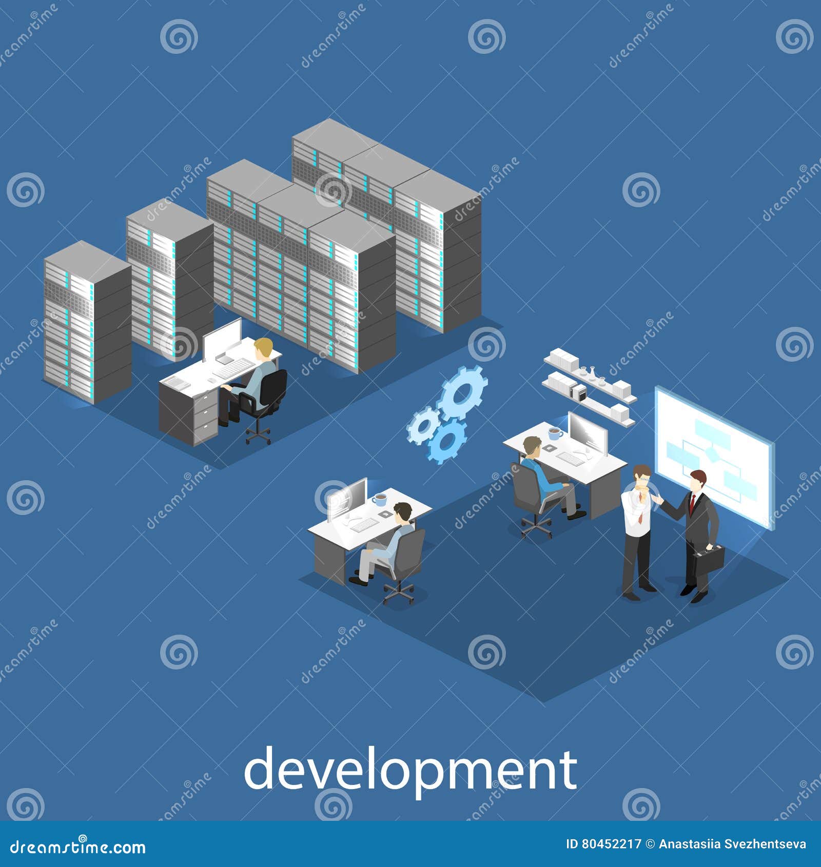 Flat 3D Isometric Concept Illustration of Office Software Developer and ...