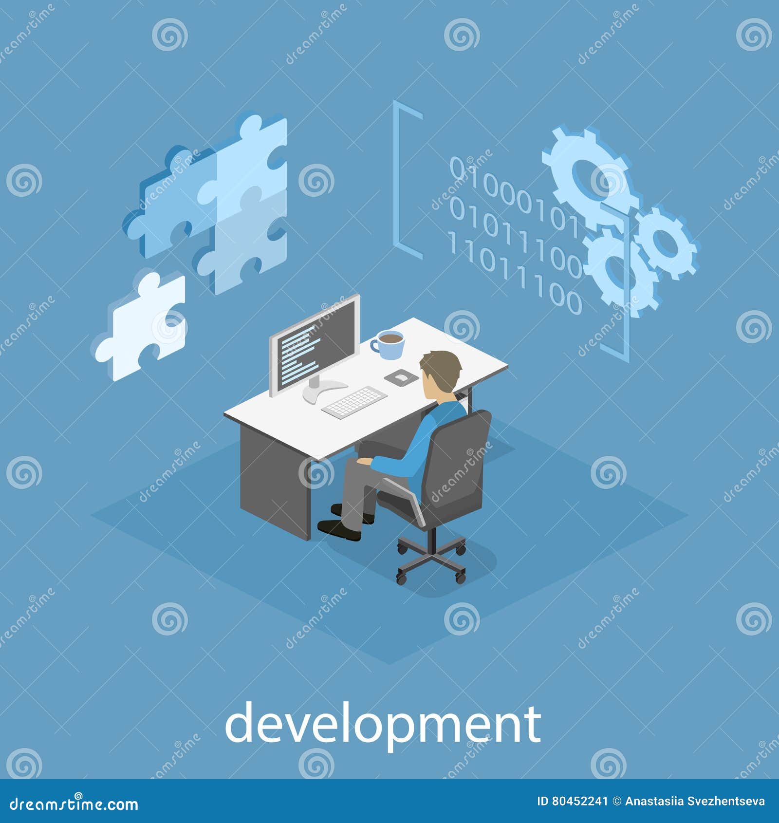 Flat 3D Isometric Concept Illustration of Office Software Developer and ...