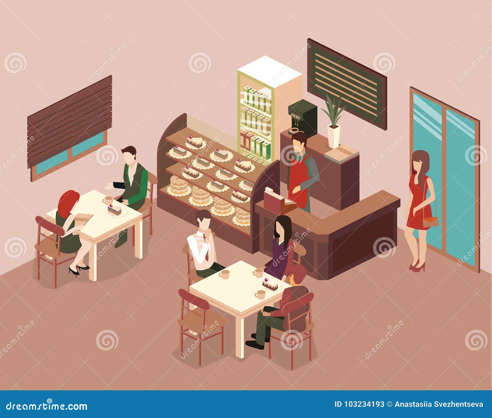 Flat 3D Isometric Design Interior Cafe or Restaurant. Stock ...