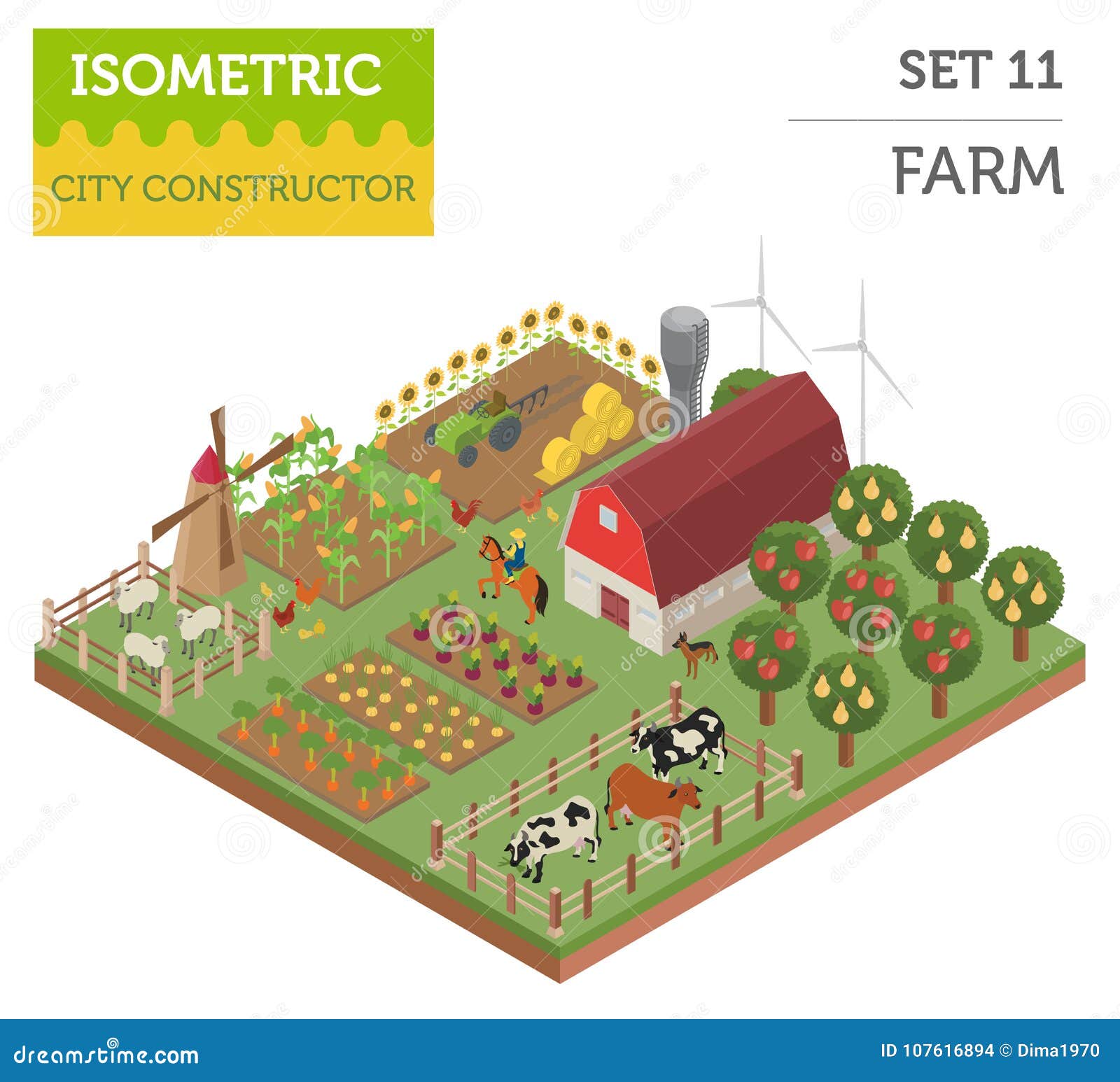 Flat 3d Isometric Farm Land and City Map Constructor Elements is Stock ...