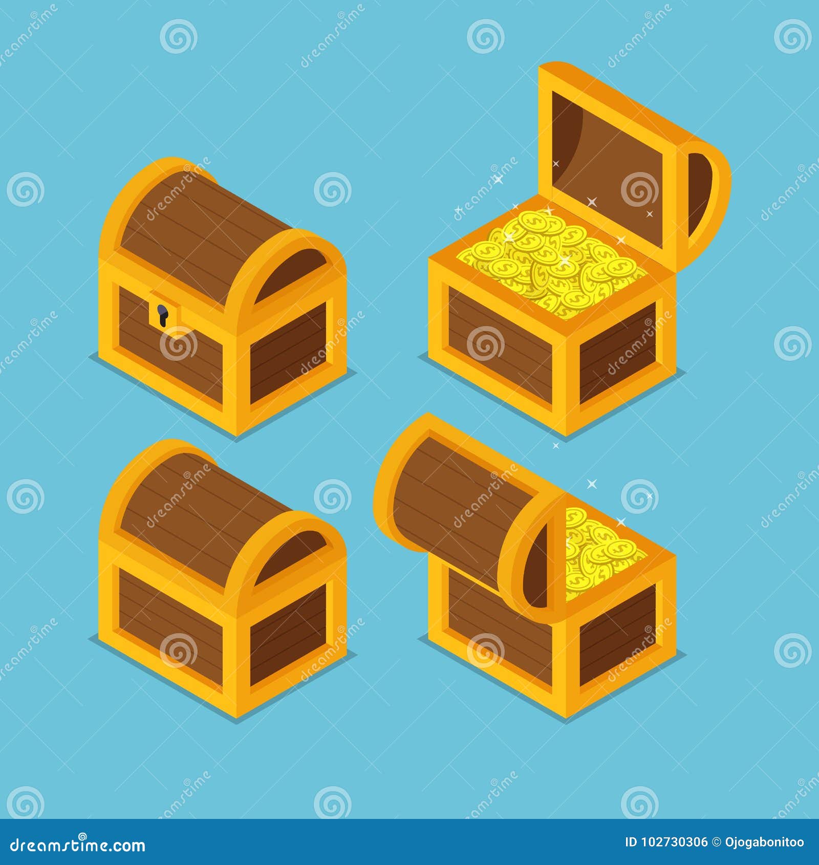 Isometric Wooden Treasure Chests. Stock Vector - Illustration of jewel ...