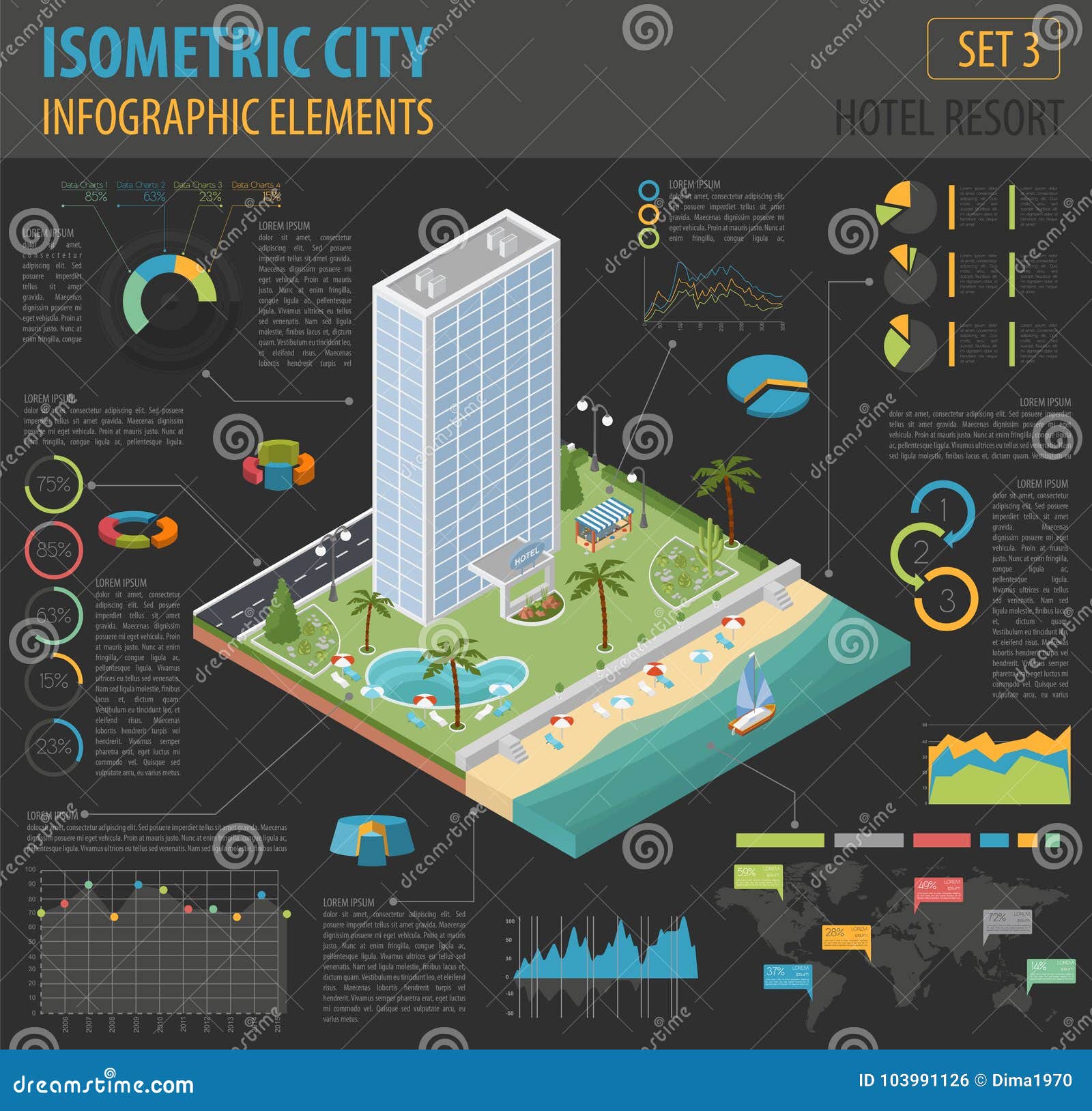 Flat 3d Isometric Resort Hotel and City Map Constructor Element Stock ...