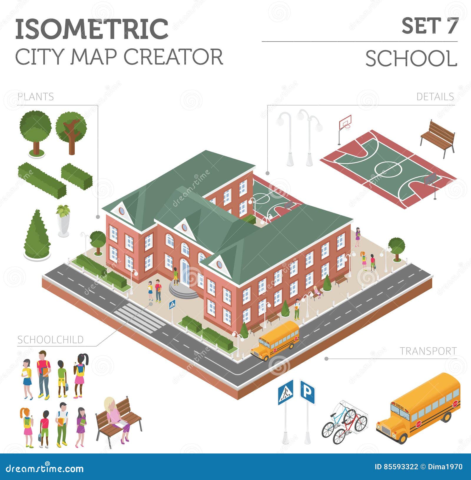 Flat 3d Isometric School and City Map Constructor Elements Such Stock ...