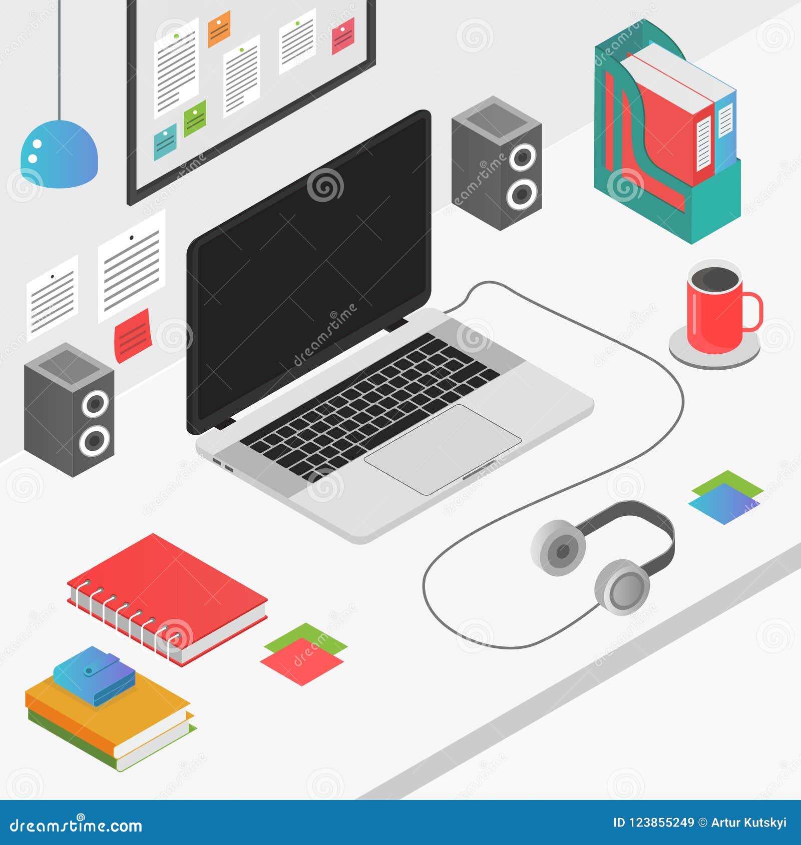 Flat 3d Isometric Workspace Concept with Laptop Vector Illustration ...
