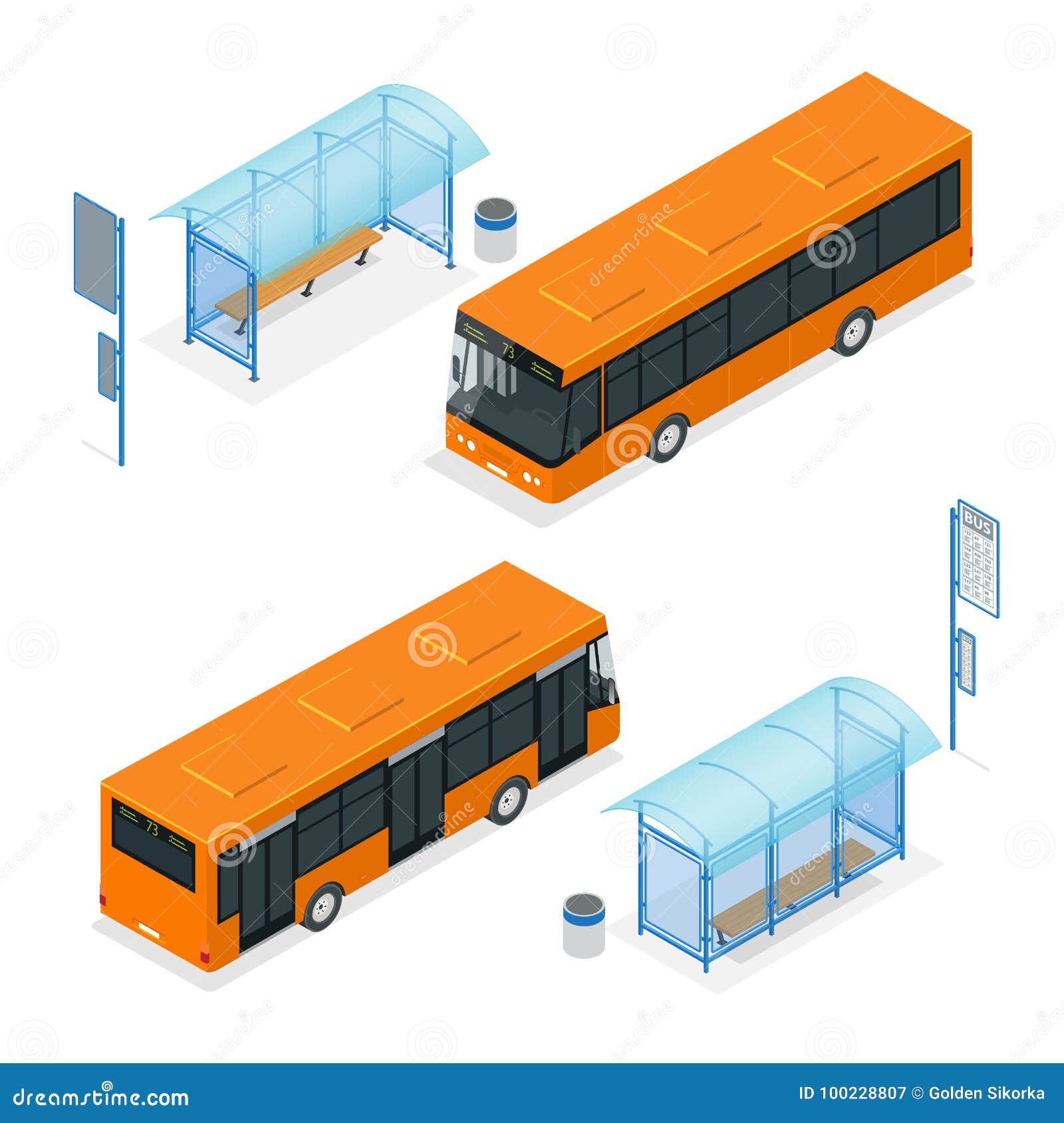 Flat 3d Vector Isometric Illustration of a Bus and Bus Stop. Public ...