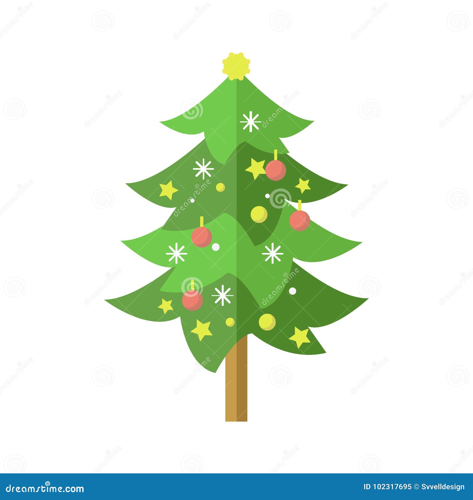 Flat Decorated Cartoon Christmas Pine Tree Stock Vector - Illustration ...