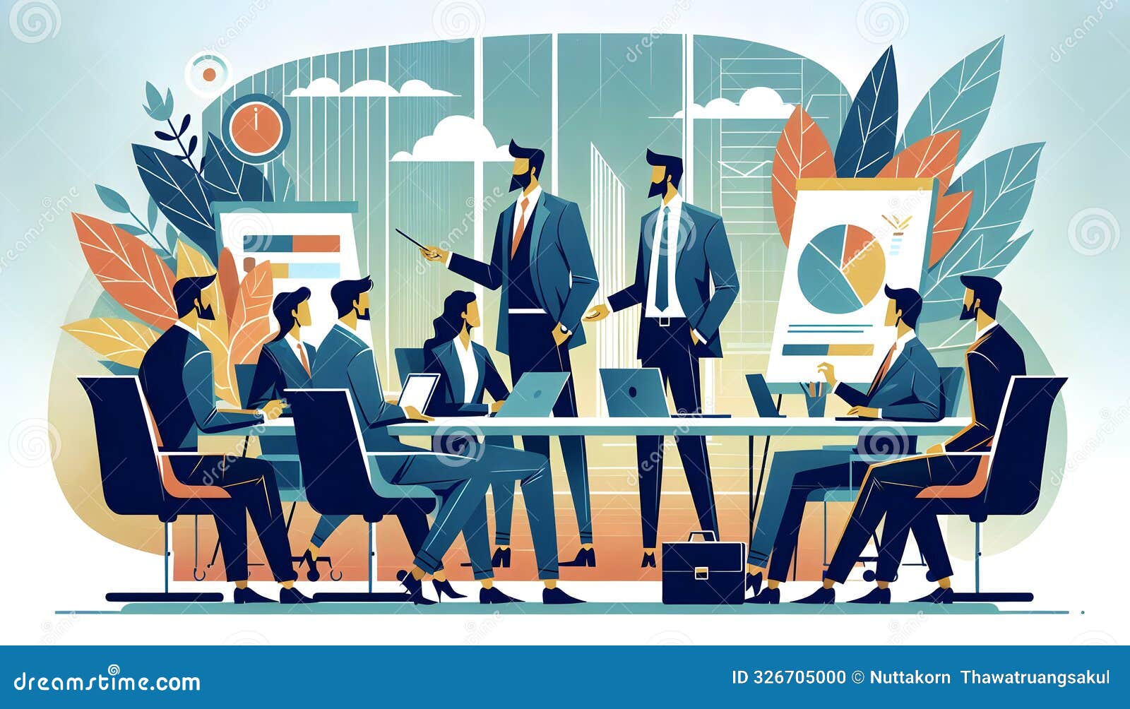 Flat Design As Manager Conducting a Team Briefing in a Modern Office ...