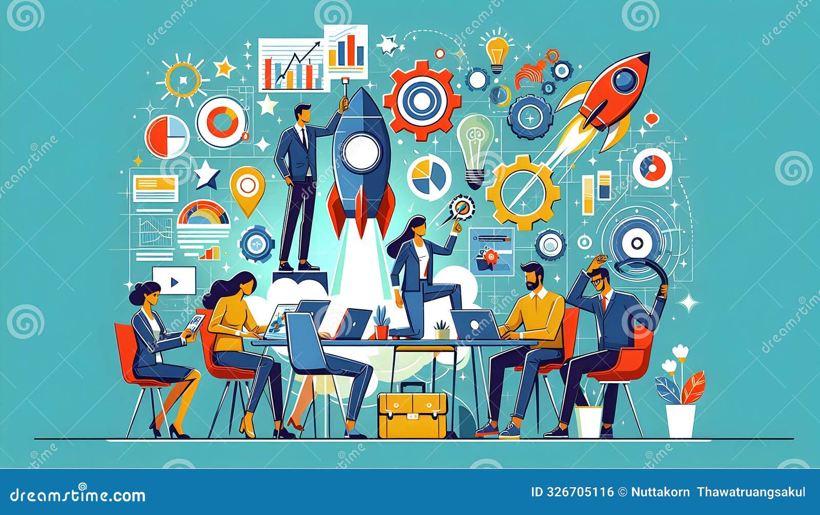 Flat Design As Marketing Team Collaborating on a Product Launch Concept ...