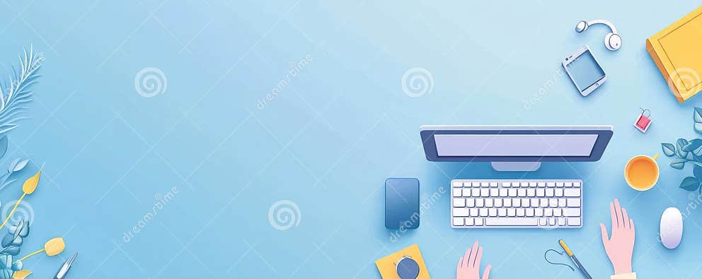 Flat Design Background with Computer and Office Accessories Stock Photo ...