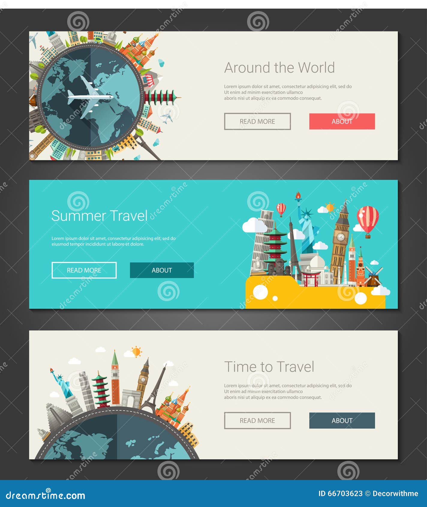 Flat Design Banners, Headers Set Illustration with World Famous ...