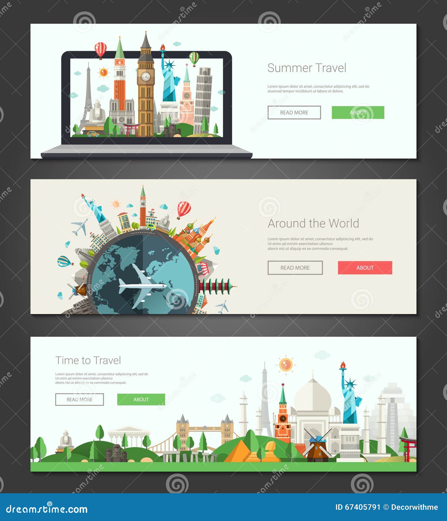 Flat Design Banners, Headers Set Illustration with World Famous ...