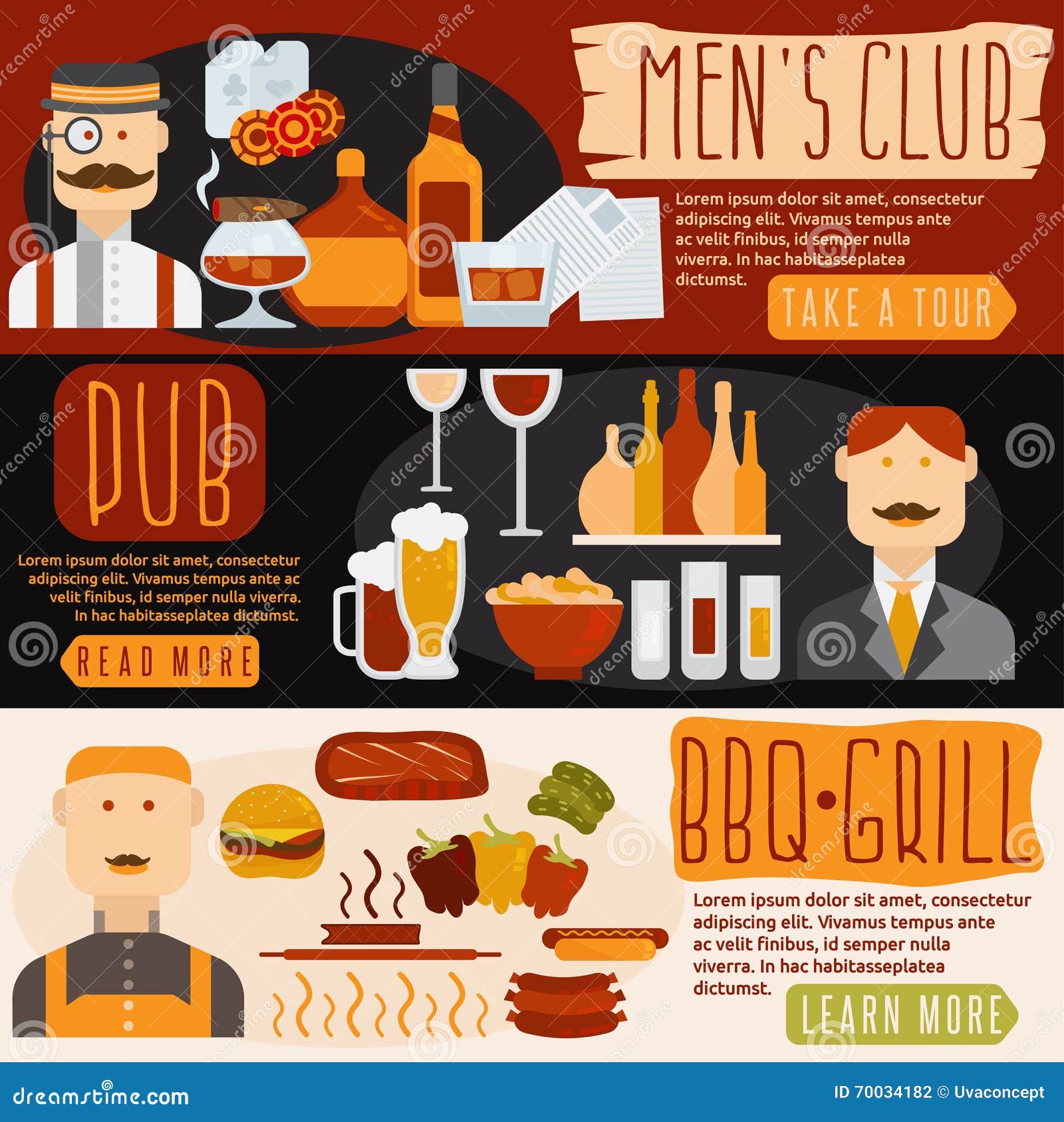 Flat Design Banners with Men S Club, and Pub Theme Stock Vector ...