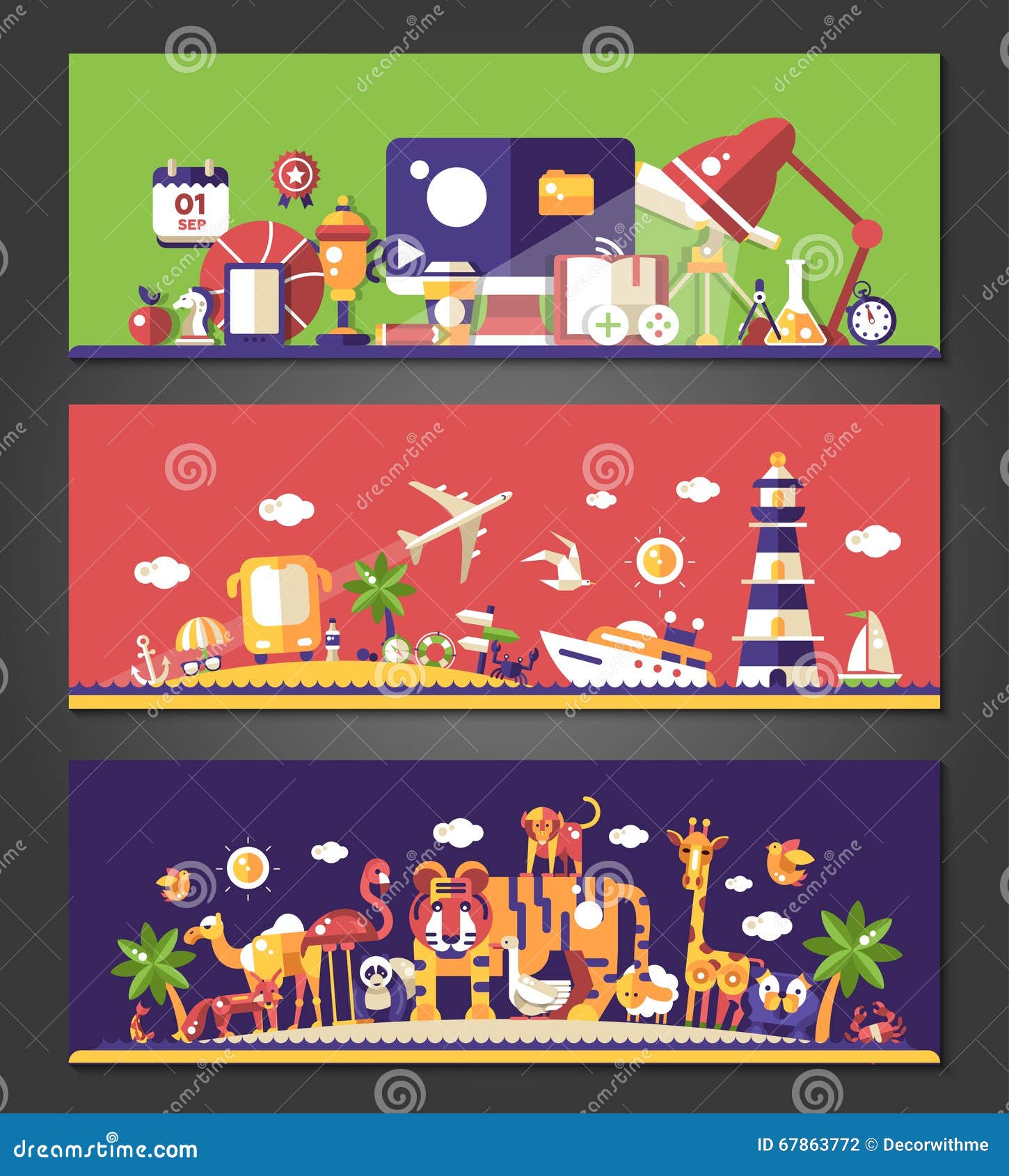 Flat Design Banners Set. School, Travel and Wild Animals Stock Vector ...