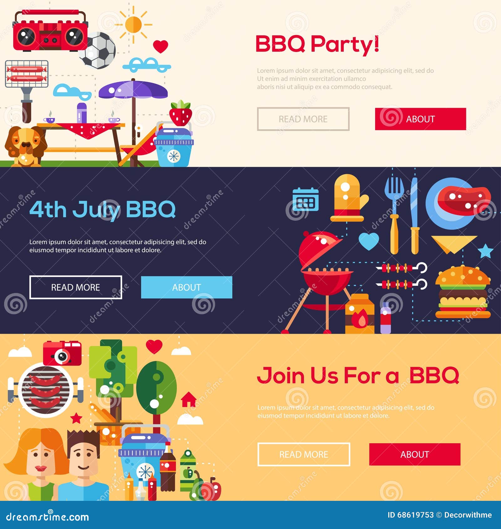 Flat Design Barbecue and Summer Picnic Banners Set Stock Vector ...