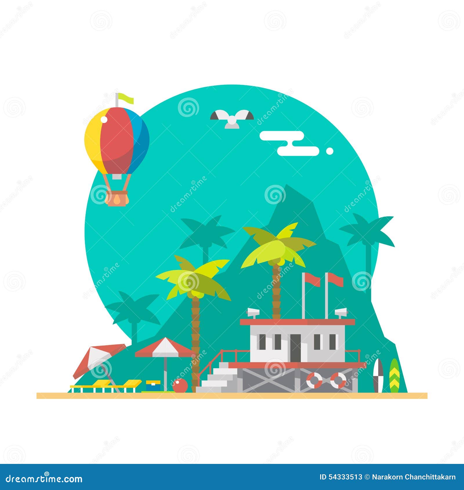 Flat Design of Beach Guard Tower on a Beach Stock Vector - Illustration ...