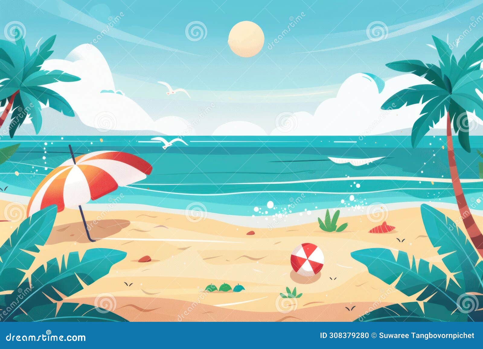 Flat Design Beach Scene Simplistic Style Sandy Shore Palm Trees Clear ...
