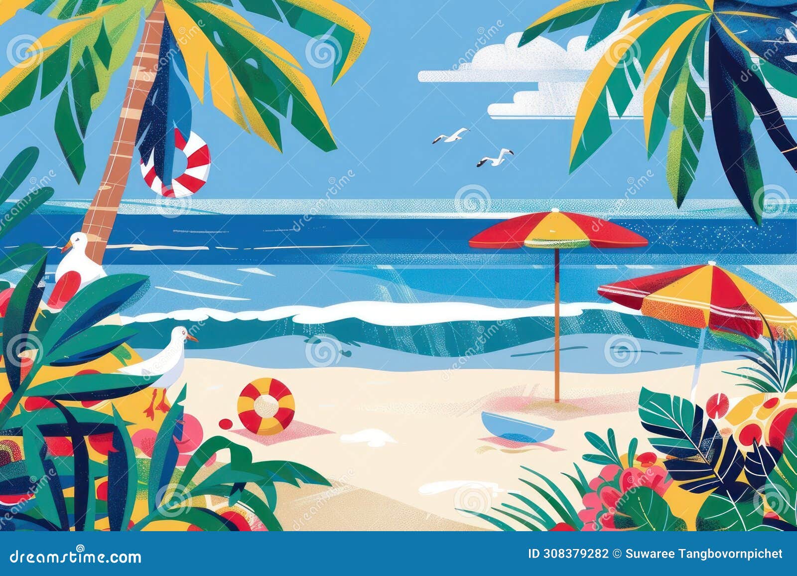 Flat Design Beach Scene Simplistic Style Sandy Shore Palm Trees Clear ...