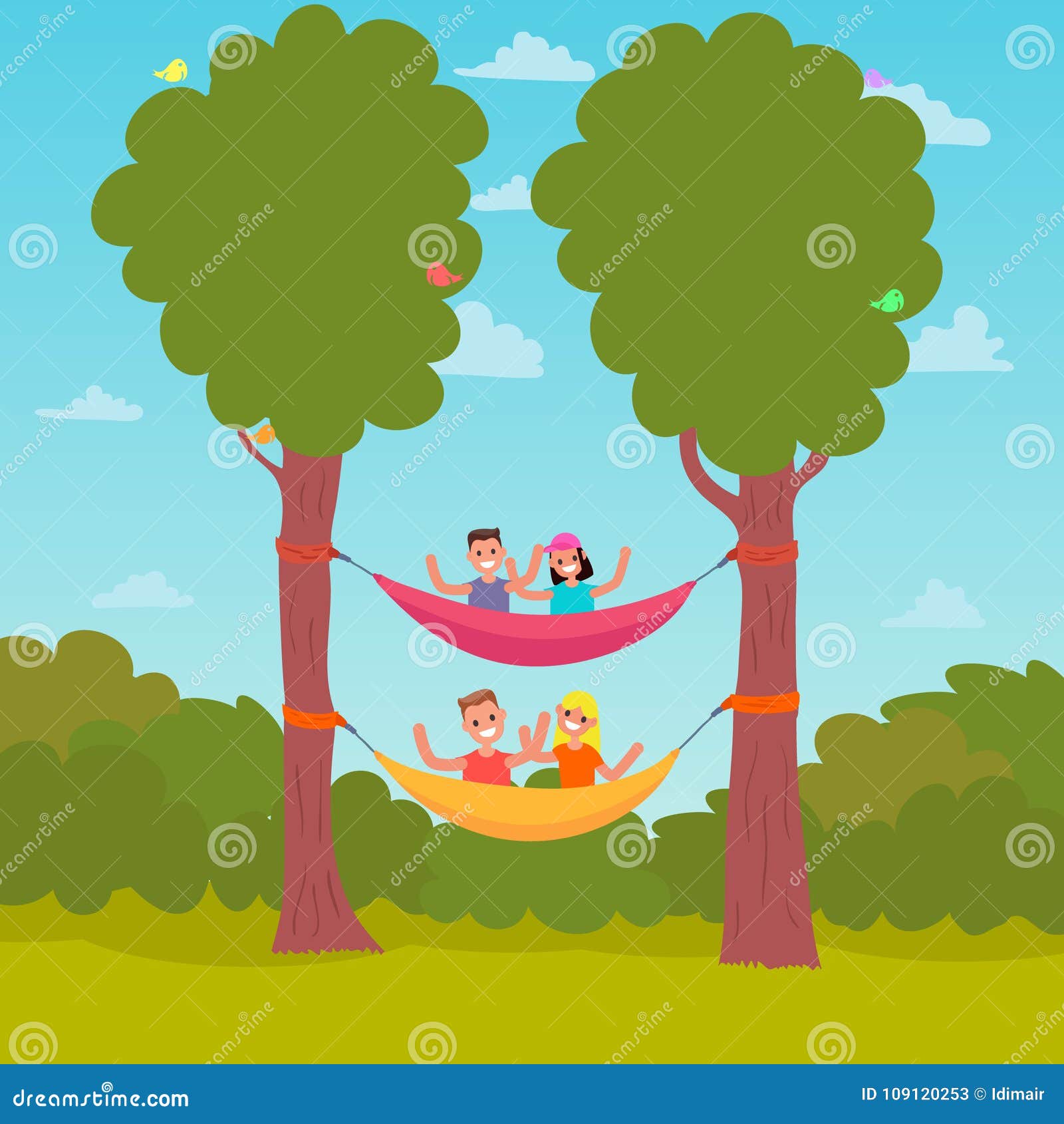 Flat Design Characters Camping Hammocking on a Tree. Vector Stock Vector - Illustration of ...