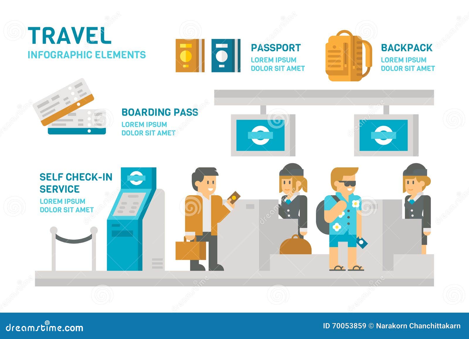 Flat Design Check-in at Airport Travel Stock Vector - Illustration of ...