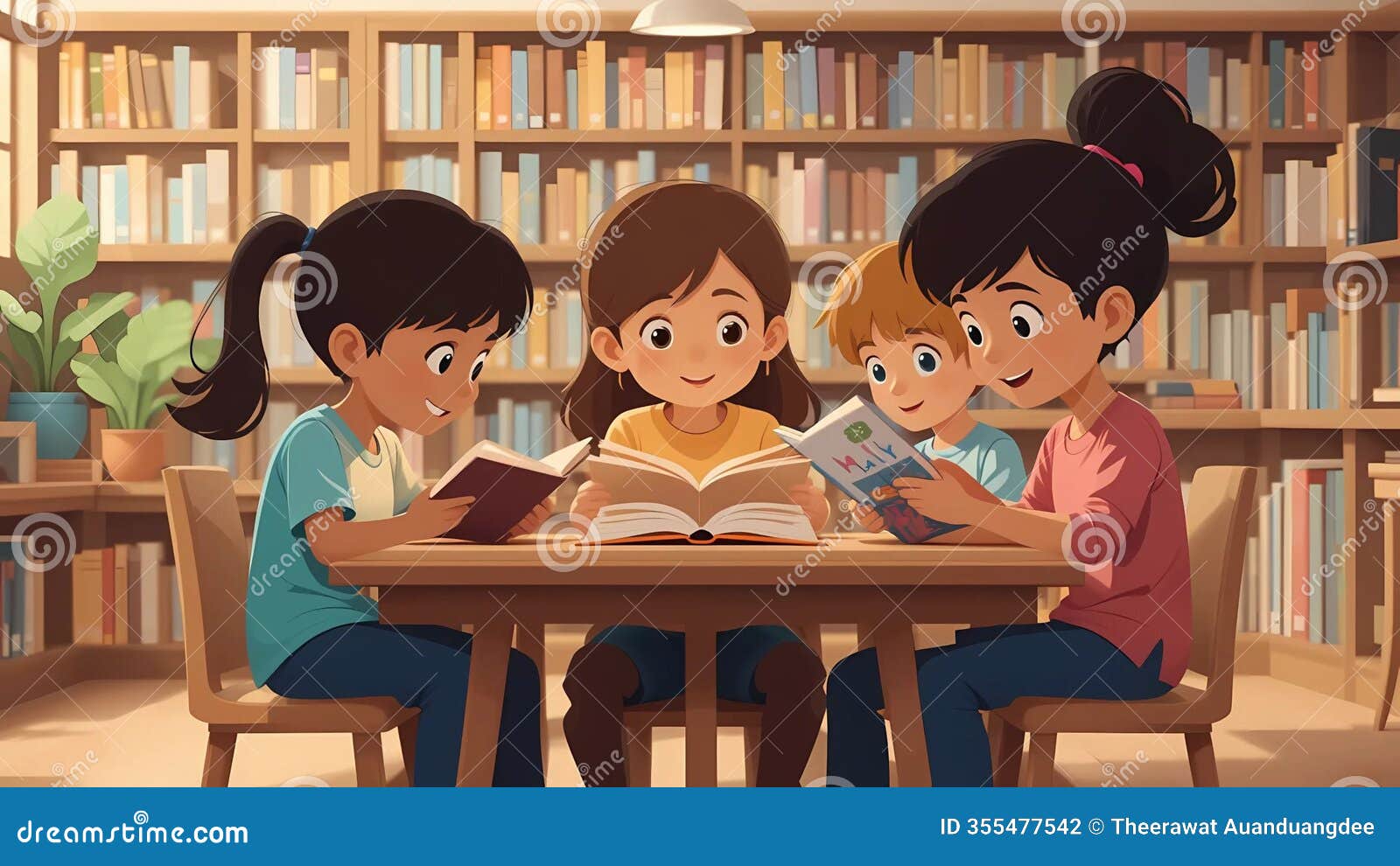 Flat Design of Children Learning in a Library, Reading Books and ...