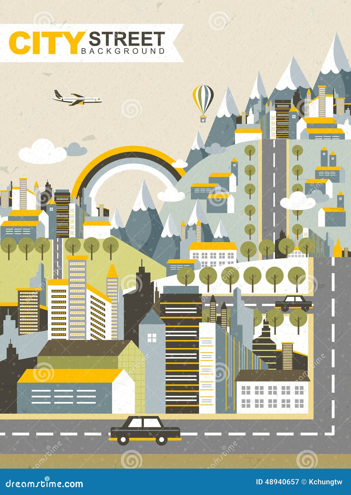 Flat Design City Street Landscape Stock Illustration - Illustration of ...