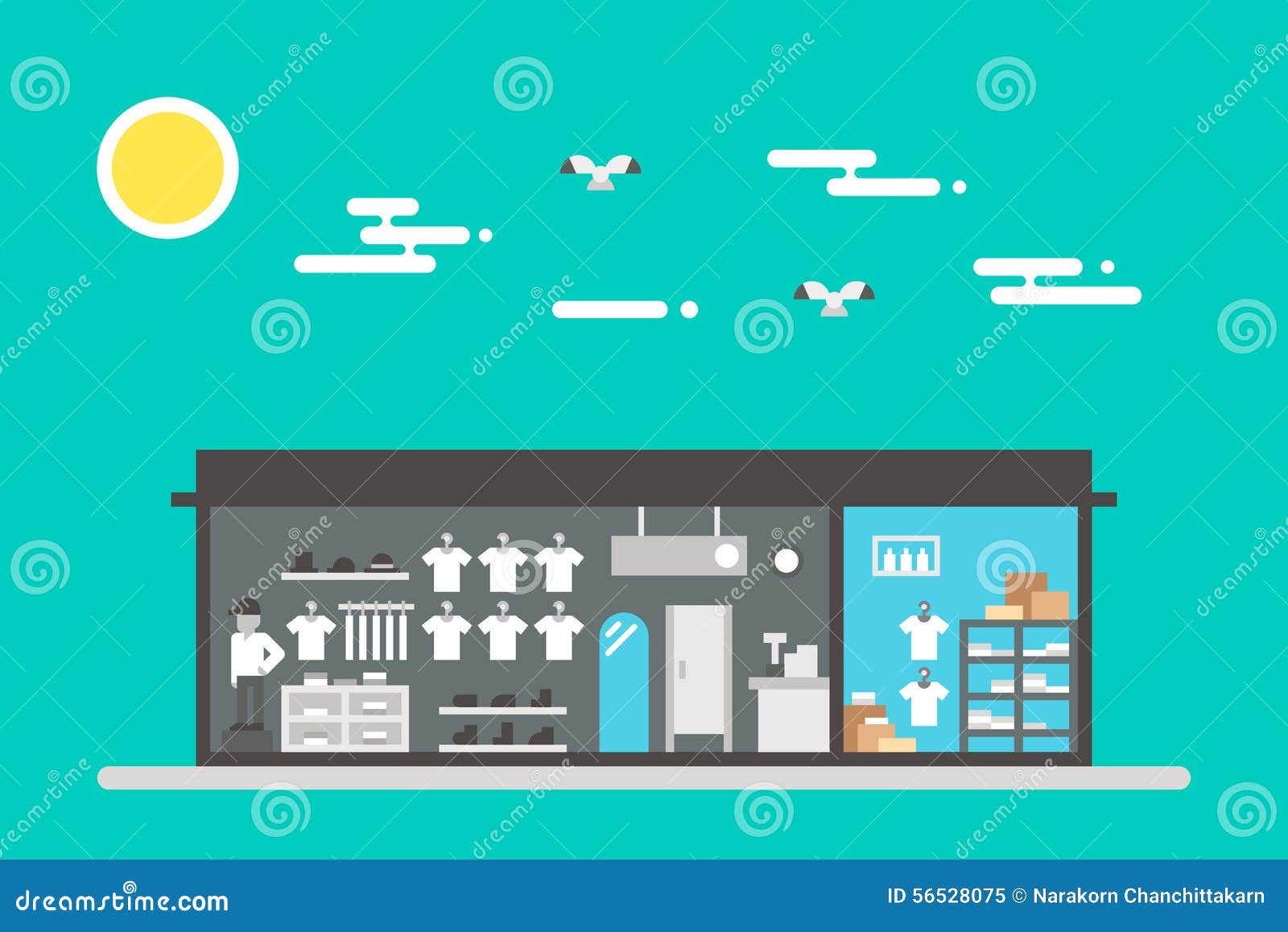Flat Design of Cloth Shop Interior Stock Vector - Illustration of side ...