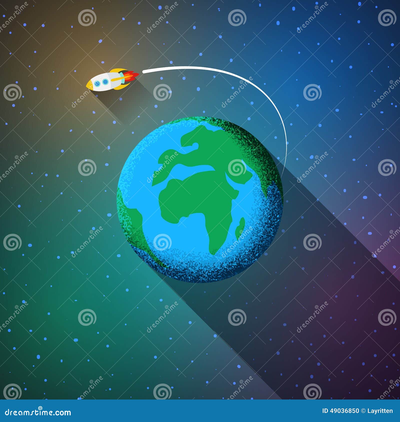Flat Design Colored Illustration of Space Rocket Flying Around Earth ...