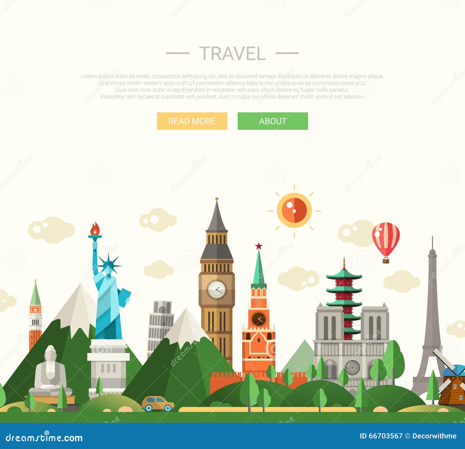 Flat Design Composition Illustration with World Famous Landmarks Stock ...