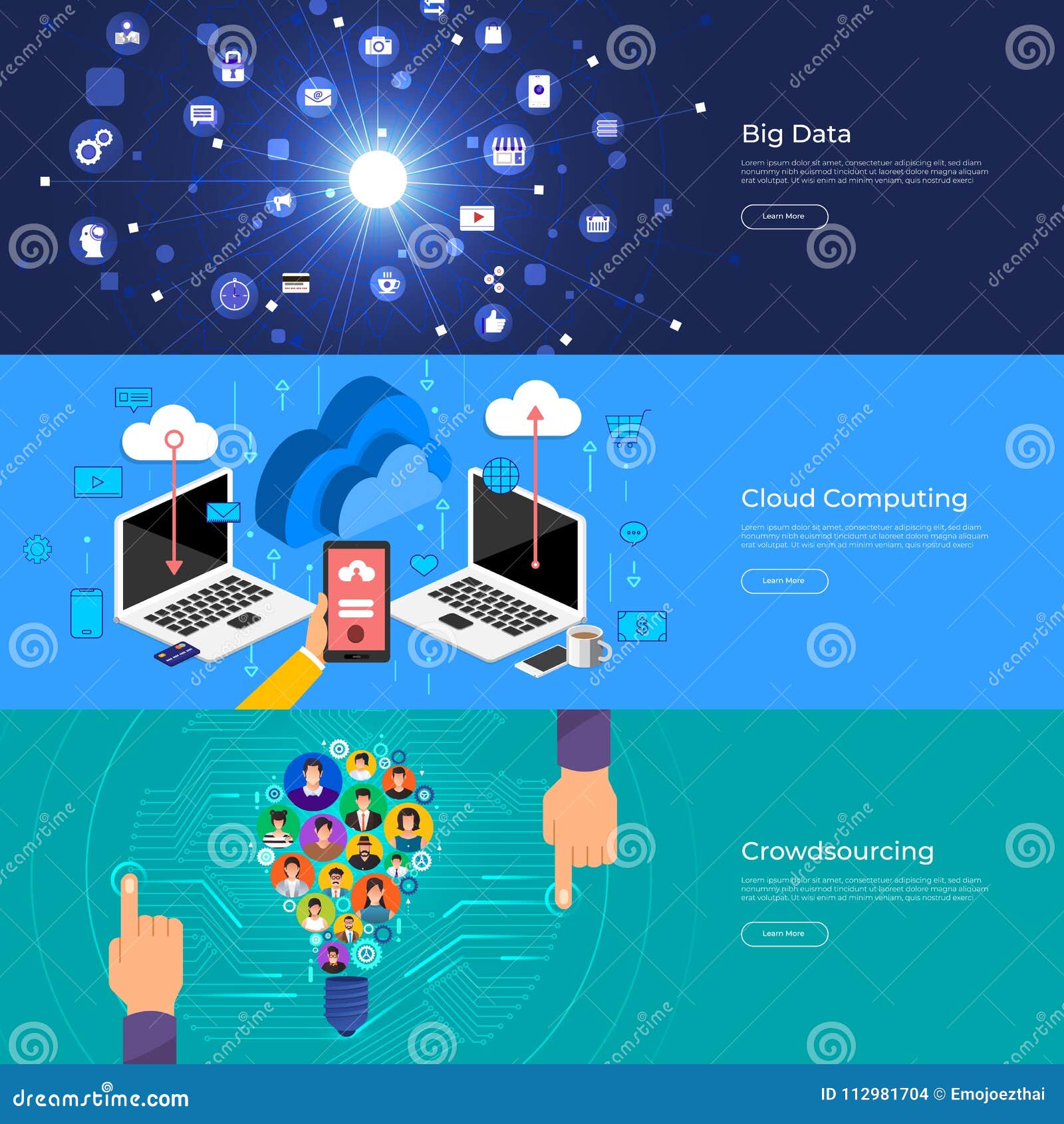 Flat Design Concept Big Data, Cloud Computing and Crowdsourcing. Vector ...