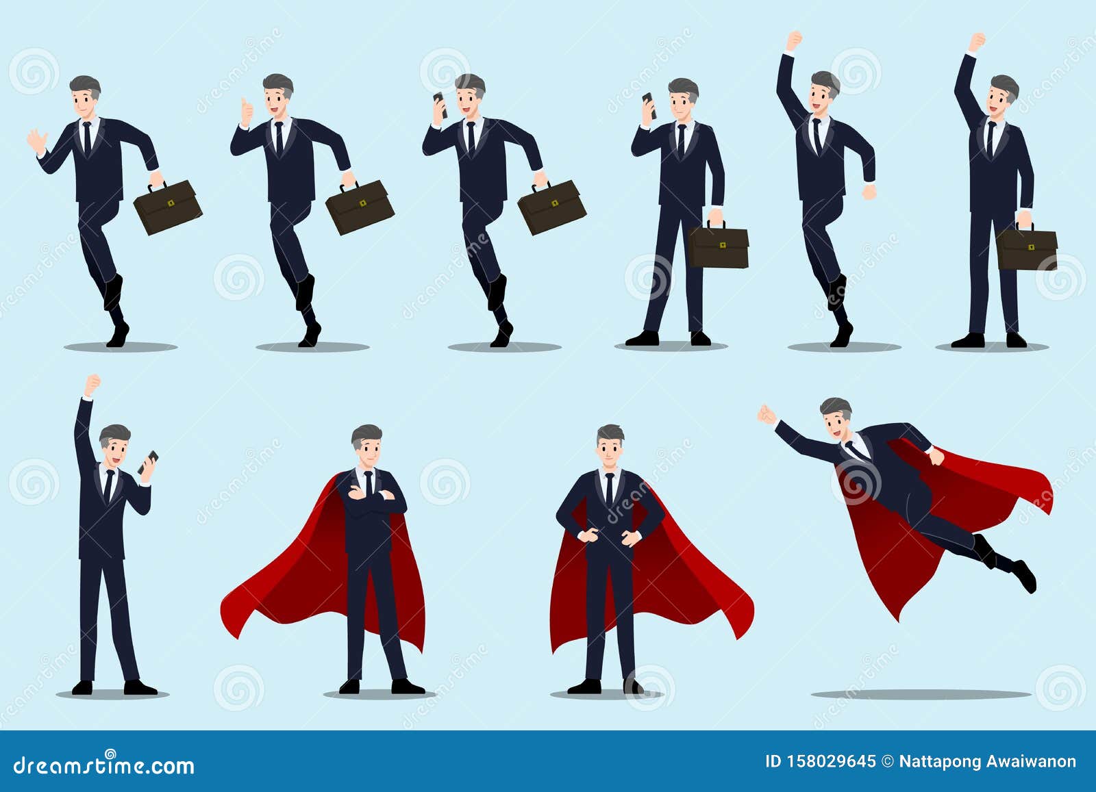 Flat Design Concept of Businessman with Different Poses, Working and ...