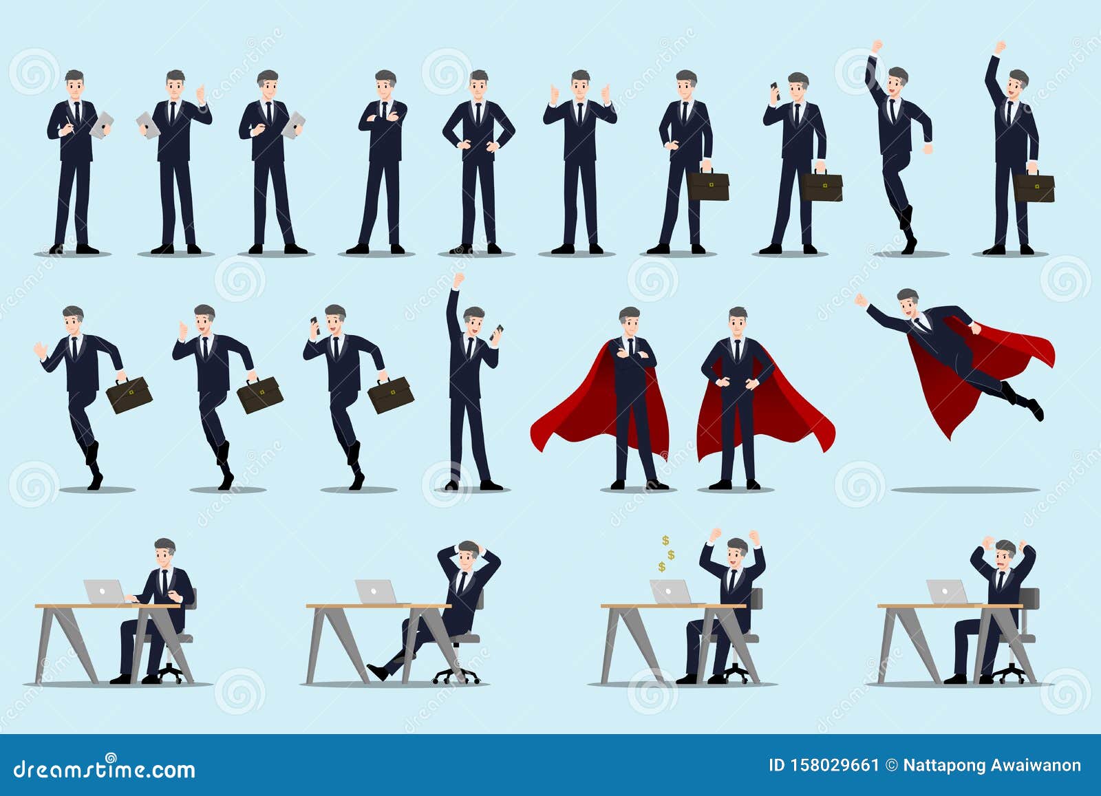 Flat Design Concept of Businessman with Different Poses, Working and ...