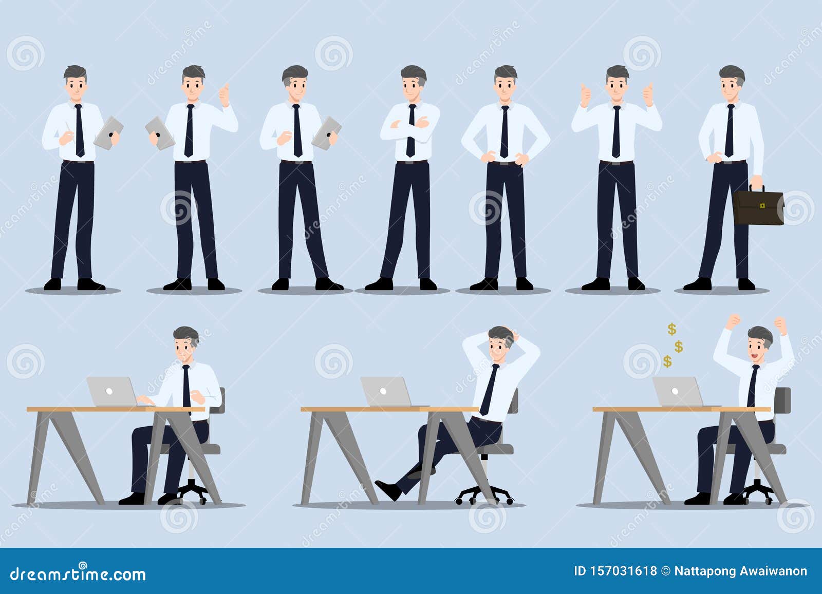 Flat Design Concept of Businessman with Different Poses, Working and ...