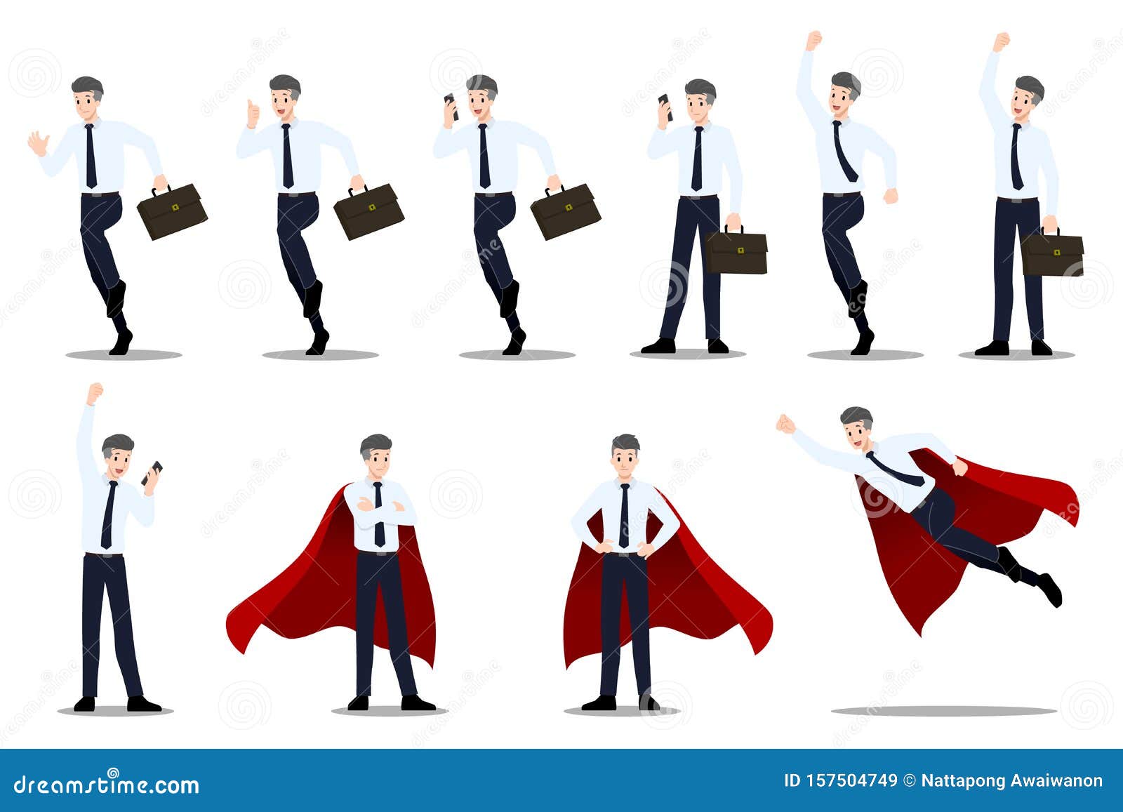 Flat Design Concept of Businessman with Different Poses, Working and ...