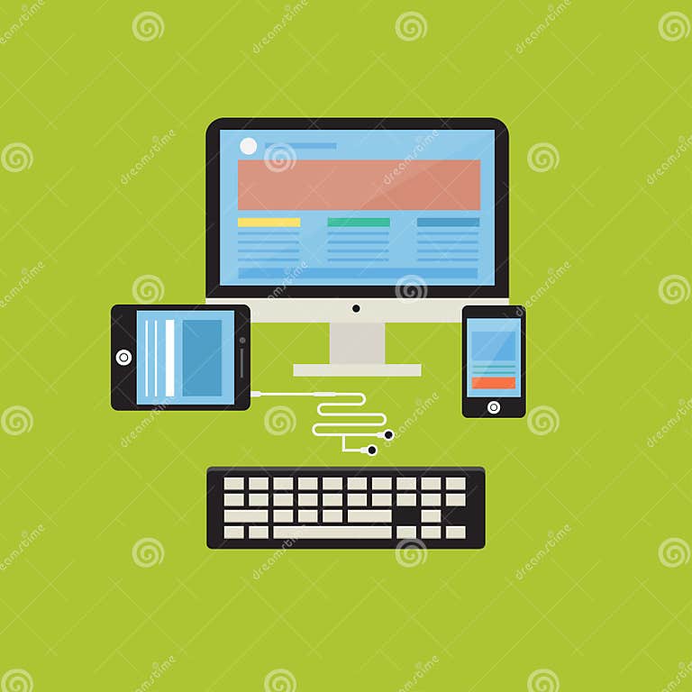 Flat Design Concept Computer and Responsive Web Design Icons Vectors ...