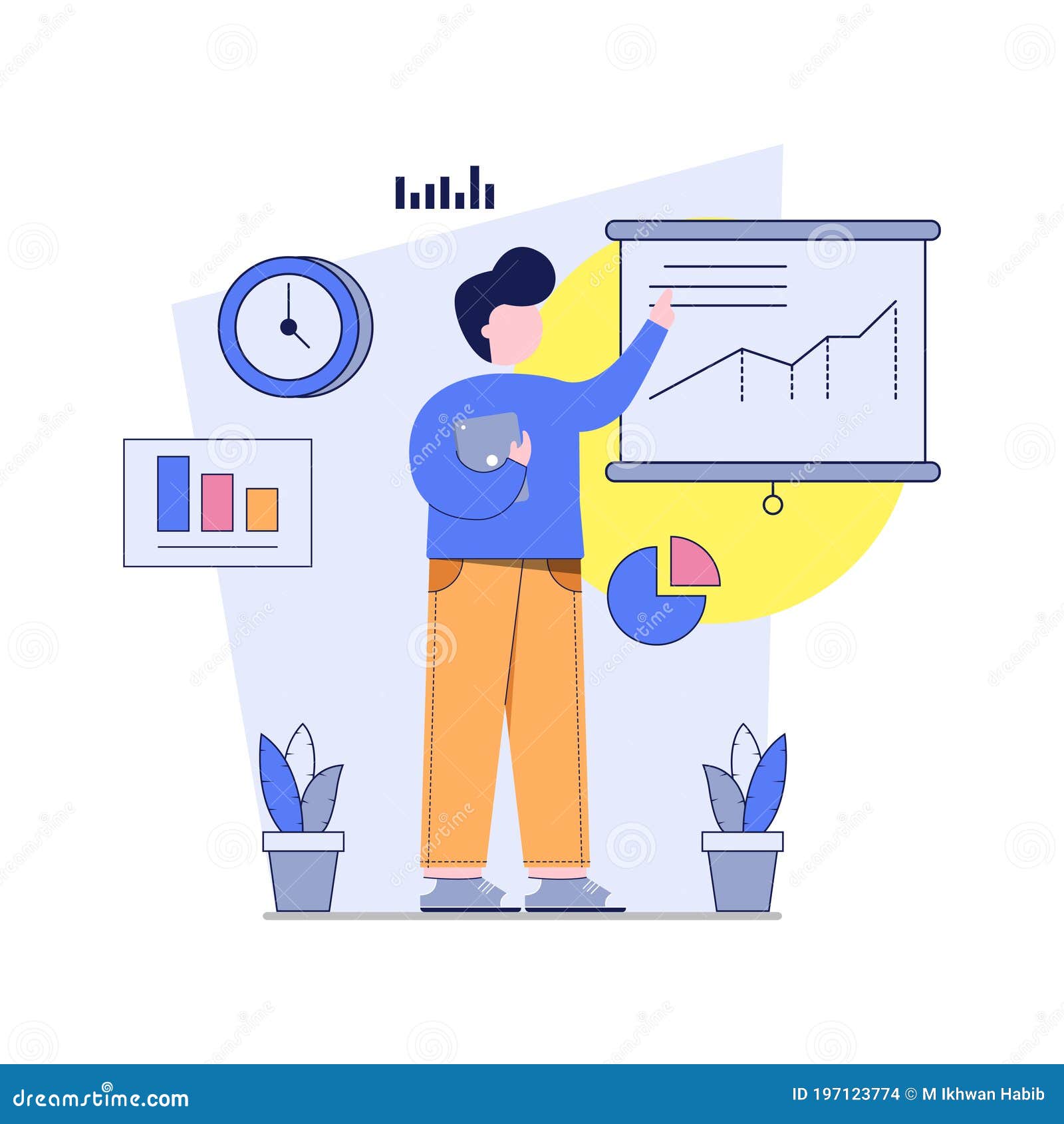 Flat Design Concept. a Confident Businessman Explain Charts and ...