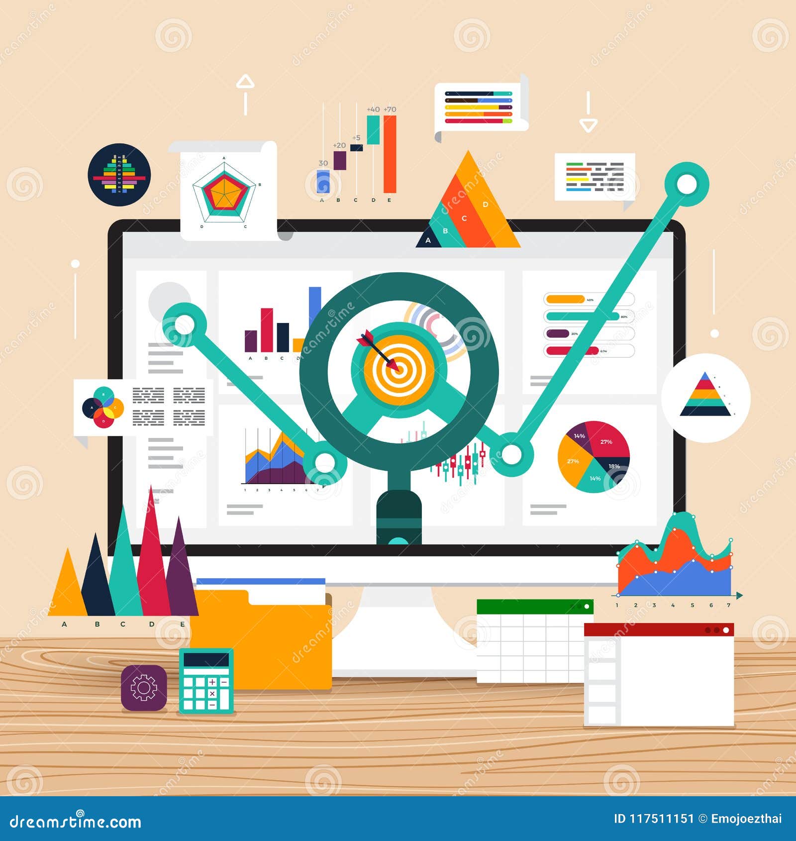 Flat Design Concept Data Analysis. Visualize with Graph and Char Stock ...