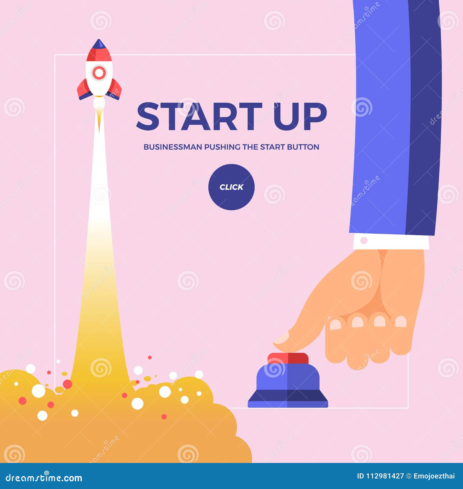 Flat Design Concept Finger Push Button for Startup Rocket. Vector ...