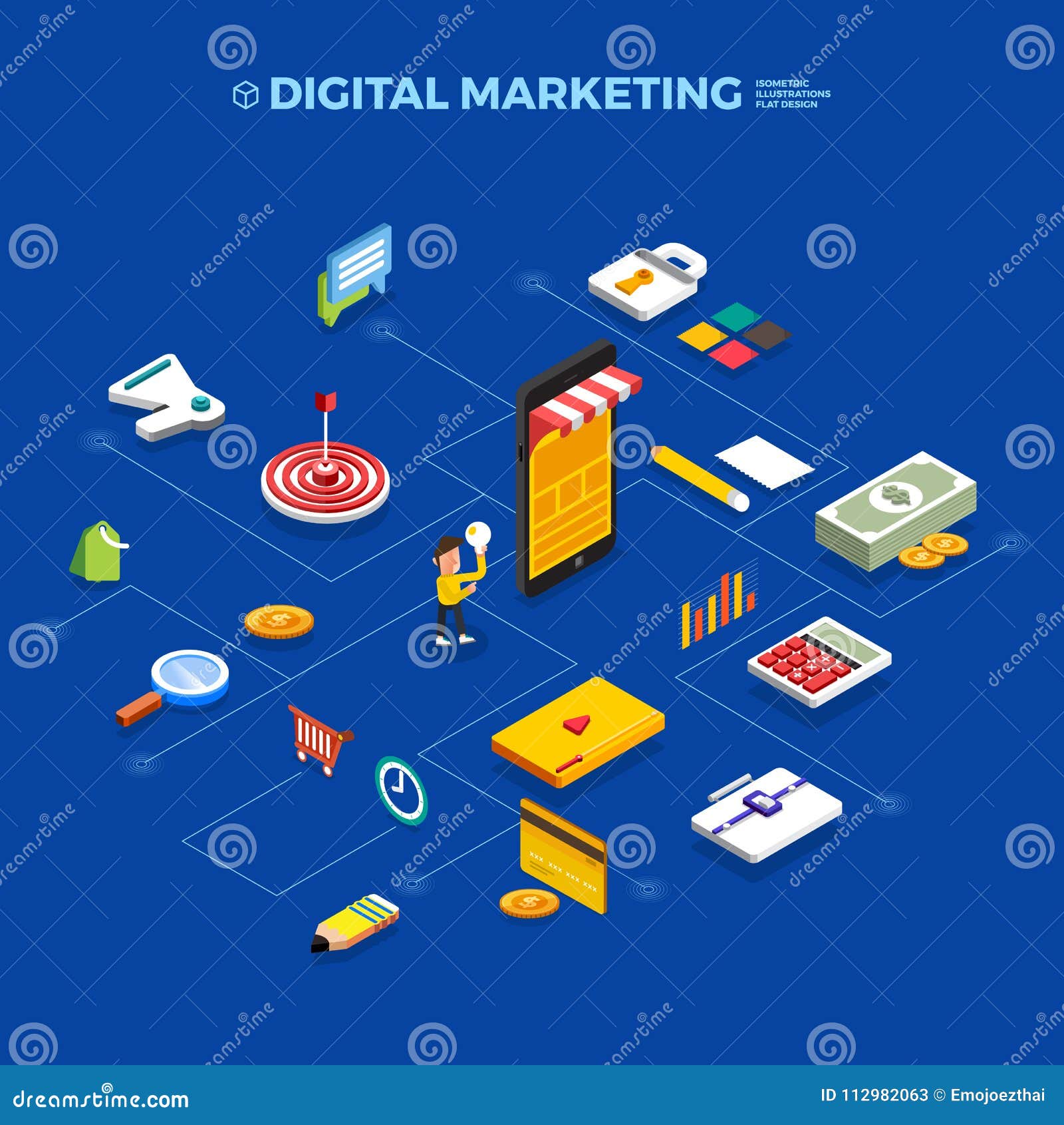 Flat Design Concept Isometric Digital Marketing Object. Vector I Stock ...